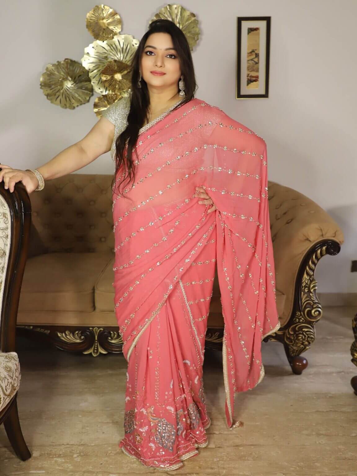 Georgette Gajri Colour Nalki Work Saree – Priyata & Mriganka Designs